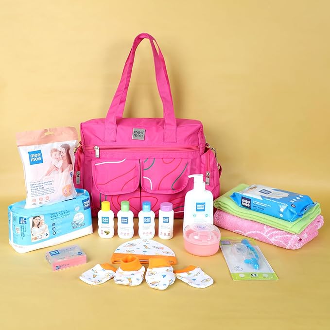 Mee Mee Baby Gift Pack (15-in-1) with Pink Maternity Bag – Newborn Bab