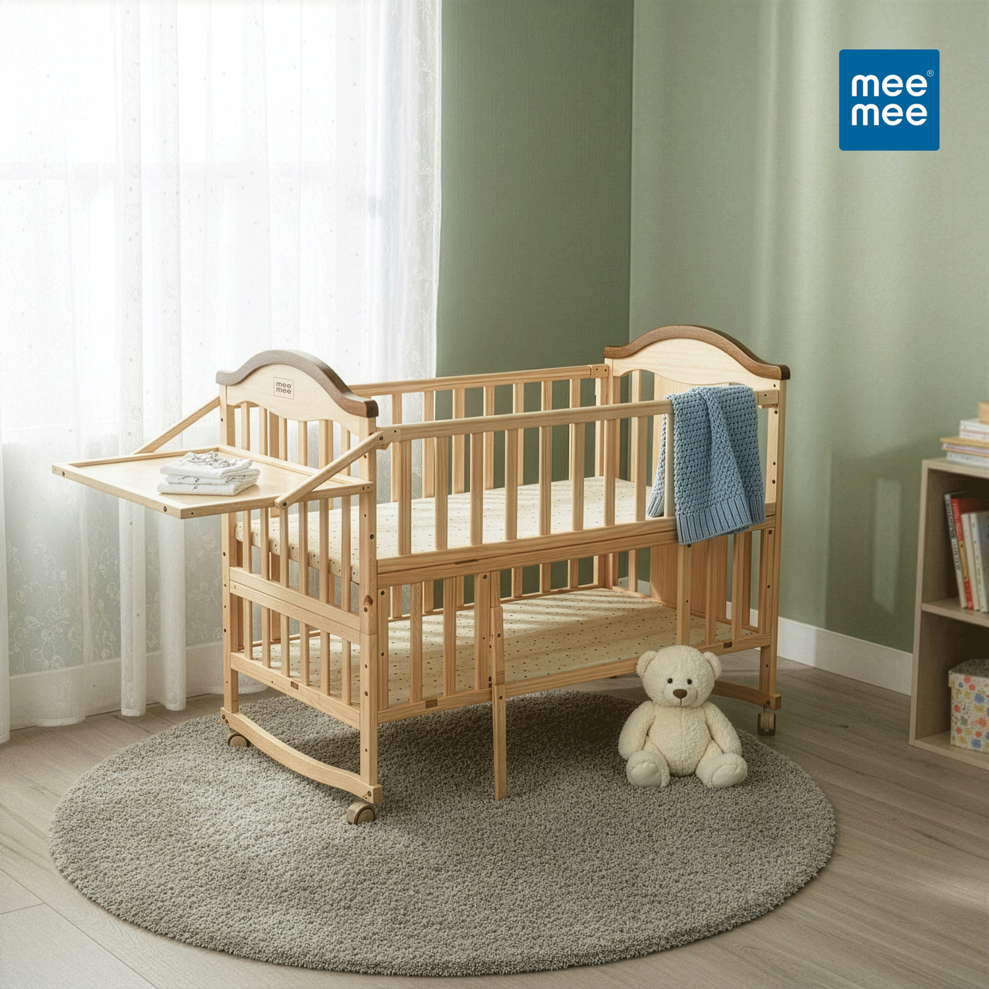 Mee Mee Premium Pine Wooden Baby Cot Extendable Swinging Bed Online in ...
