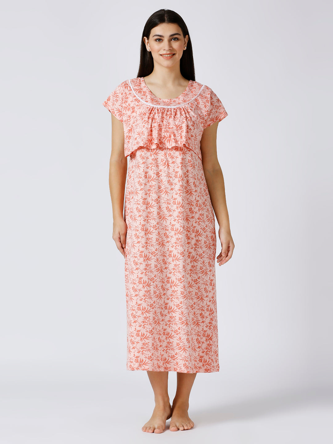 MEEMEE Women's Peach Floral Print Nightgown in Soft Single Jersey Fabr ...