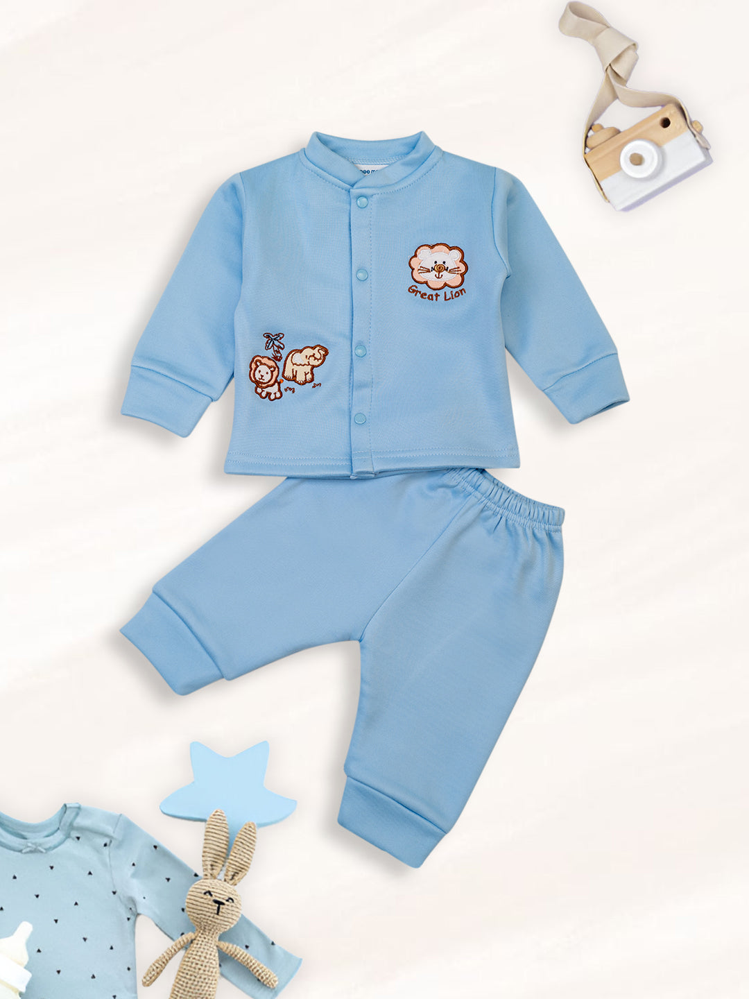 Meemee Baby Boy's Blue Fleece Pajamas Set with Adorable Animal Design
