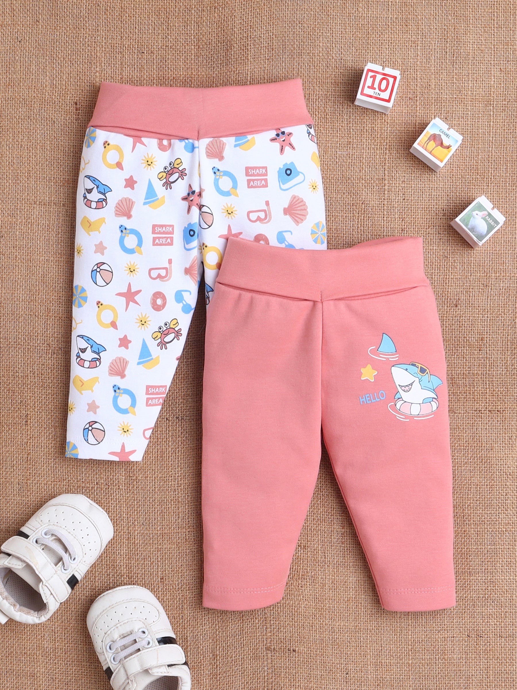 Mee Mee Rust Baby Cotton Leggings – Pack of 2 with Shark & Beach Print