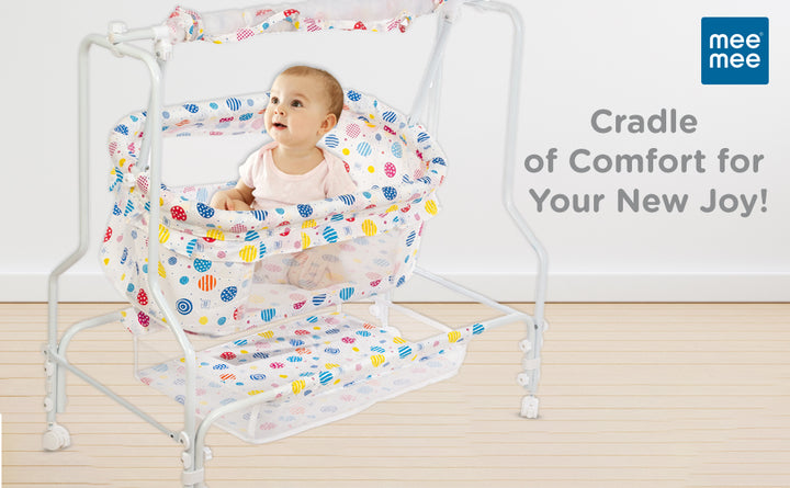 Meemee Colorful Polka Dot Cradle: Elegant White Frame for a Cheerful N